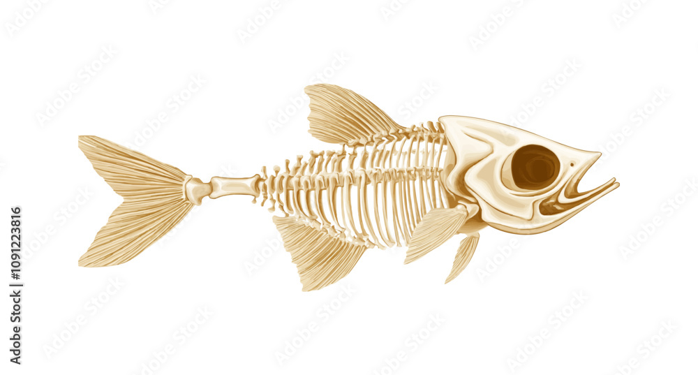 PNG Cartoon fish bone, featuring the rib cage, spine, and head with ...
