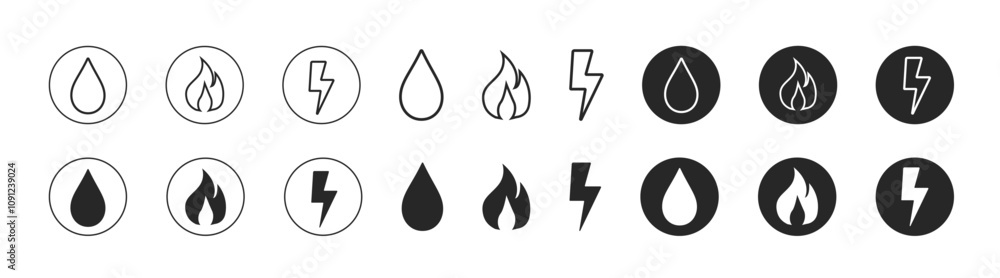 Collection of gas, electricity and water symbols in different black ...