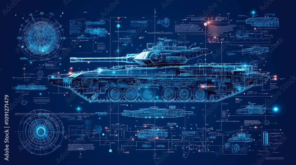 Tactical Tank Blueprint: Futuristic digital schematic of a powerful ...