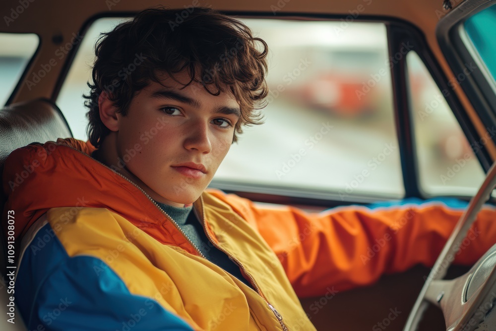 Teenage boy wearing a vibrant orange and yellow windbreaker, seated in ...