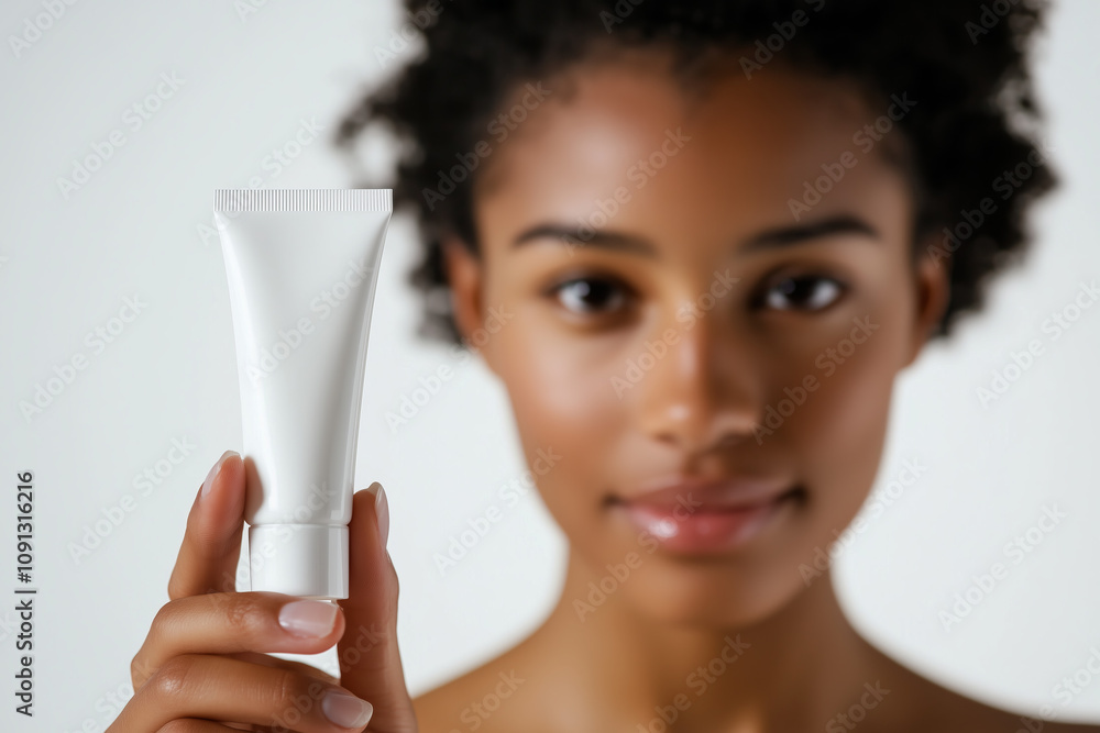 Beauty hispanic female woman model holding hand empty white blank cream ...