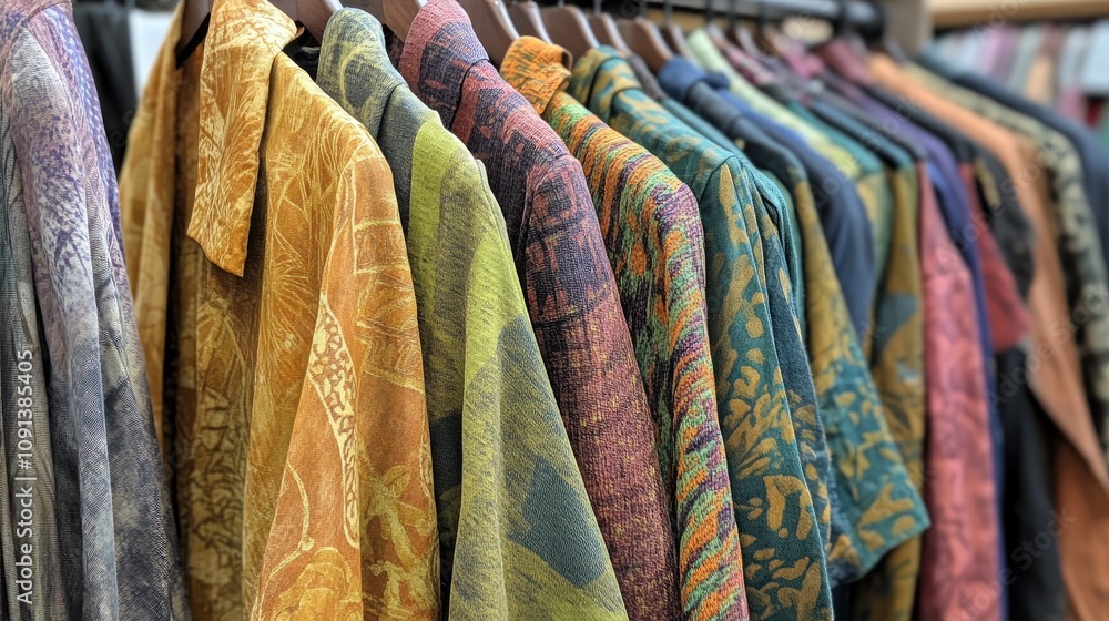 Colorful earth-toned garments hanging on a clothing rack, highlighting ...
