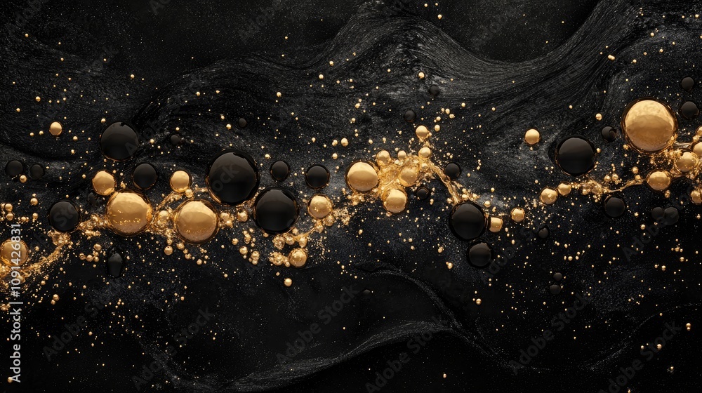 Floating black and gold bubbles on an inky water surface create a ...