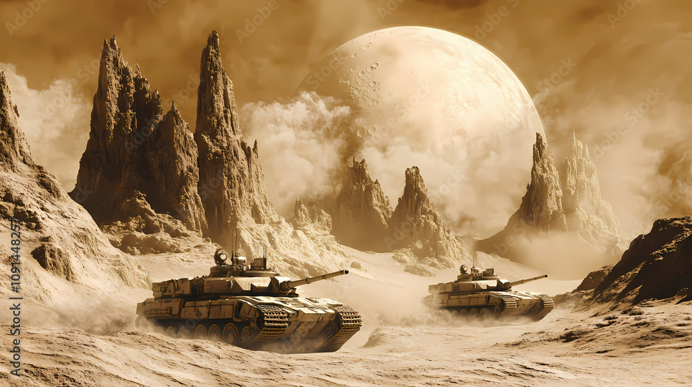 Two armored military tanks traverse a vast, arid desert with towering ...