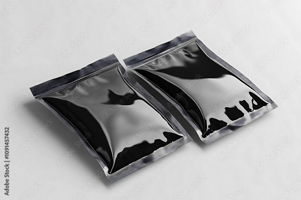 Two black glossy plastic sachets are lying on white background ...
