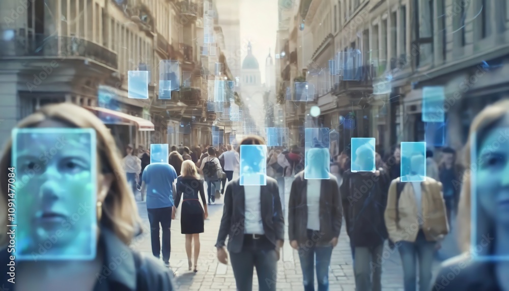Crowded urban street scene with digital facial recognition boxes ...