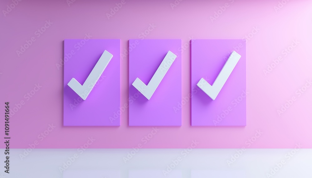 Check 3D minimalist concept. Three large check marks on vibrant pink ...