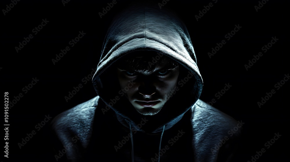 A hooded, dark figure with a haunting expression, possibly a mysterious ...