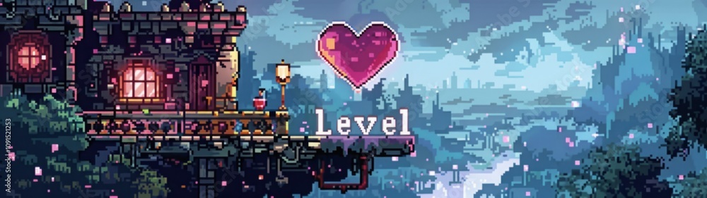 Pixel art balcony scene with heart icon and 'level' text. Fantasy ...