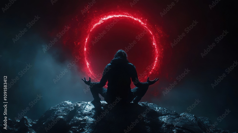 A man sits on a cliff with open arms, waiting for the gates of hell to ...