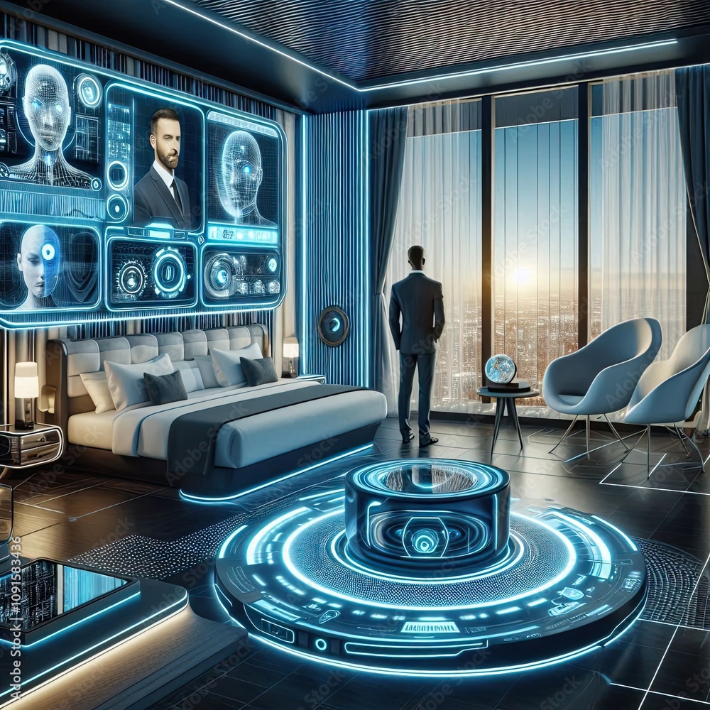 Futuristic hotel room with automated systems, AI concierge service, and ...
