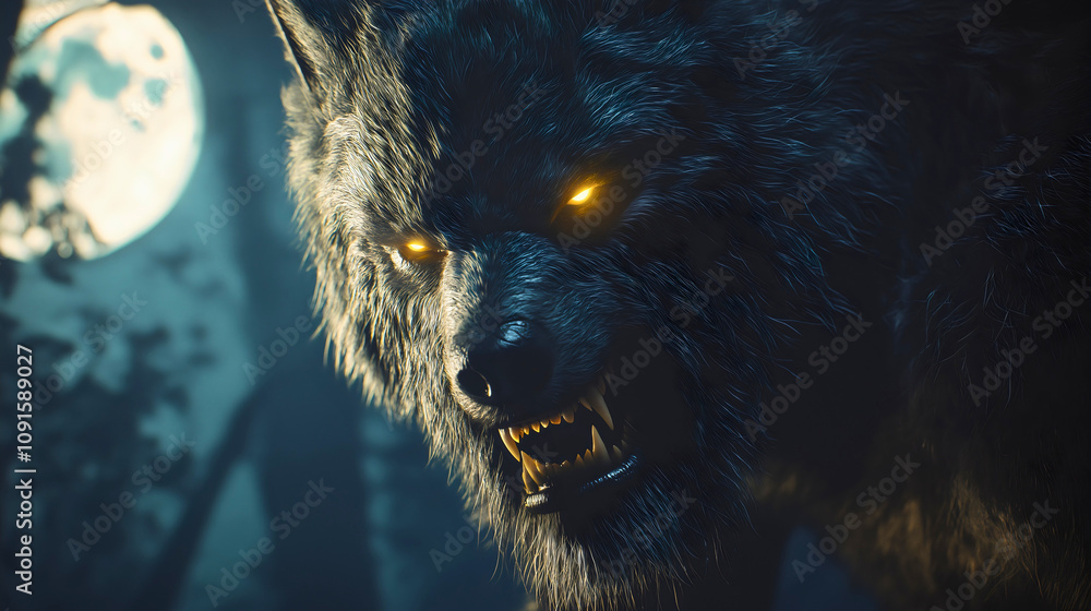 A large werewolf in a dark forest, illuminated by the moonlight, with ...