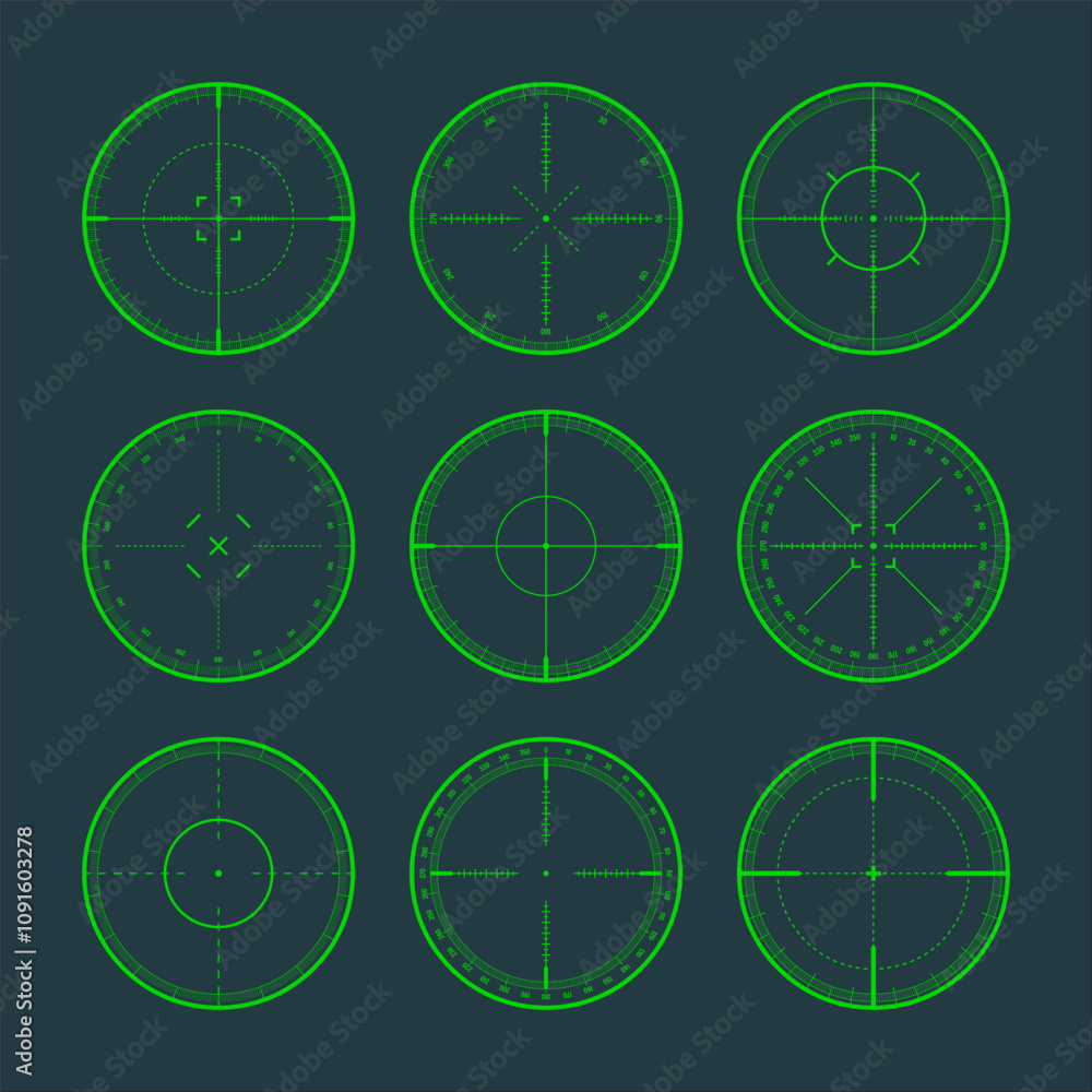 Various sniper rifle sights with degree scale, weapon optical scope ...