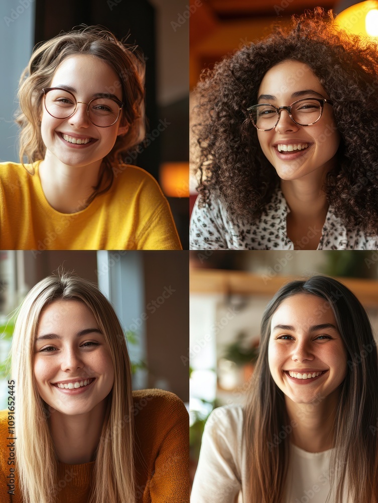 Four happy multicultural diverse friends young women talking in online ...