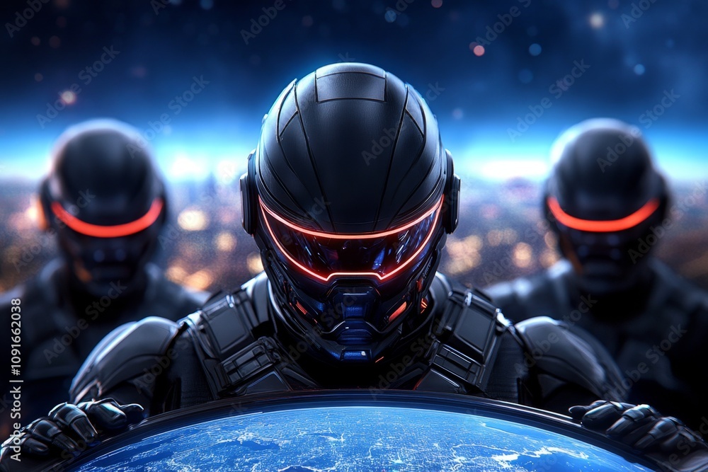 Secret agent strategizing with a team over a holographic map in a ...