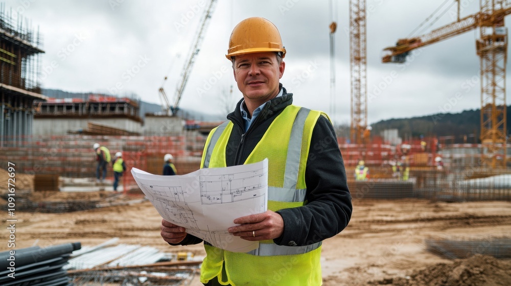 Engineer reviews blueprints at a construction site filled with workers ...