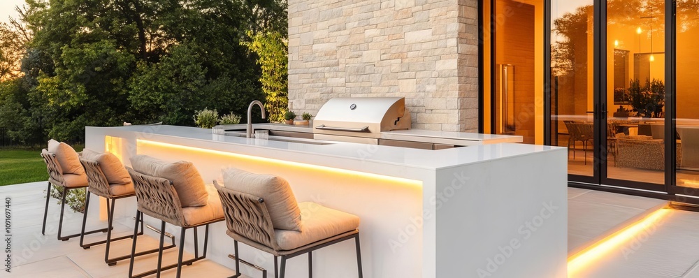 Elegant outdoor kitchen with a waterfall-edge countertop, plush seating ...