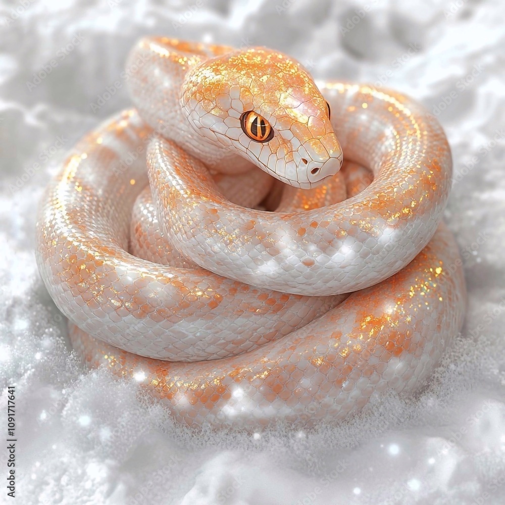 Yellow snake with glitter and sparkle on scales, on shiny snow, against ...
