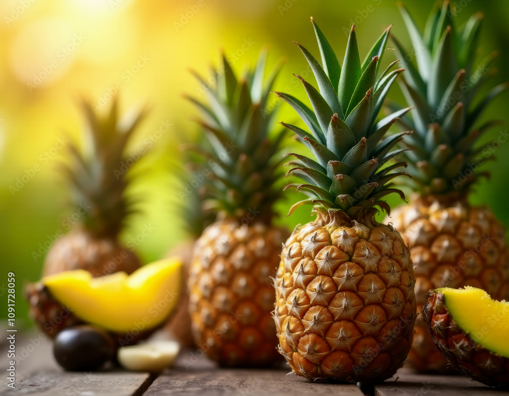 A vibrant display of fresh pineapples with a juicy sliced wedge in ...