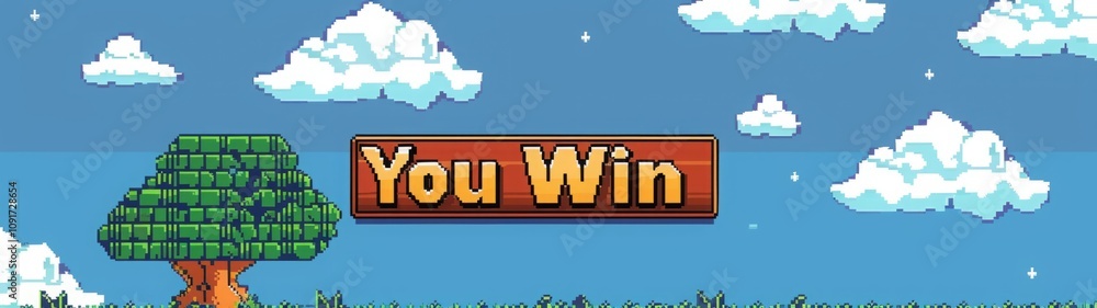 Pixel art 'You Win' screen with nature and retro game landscape ...