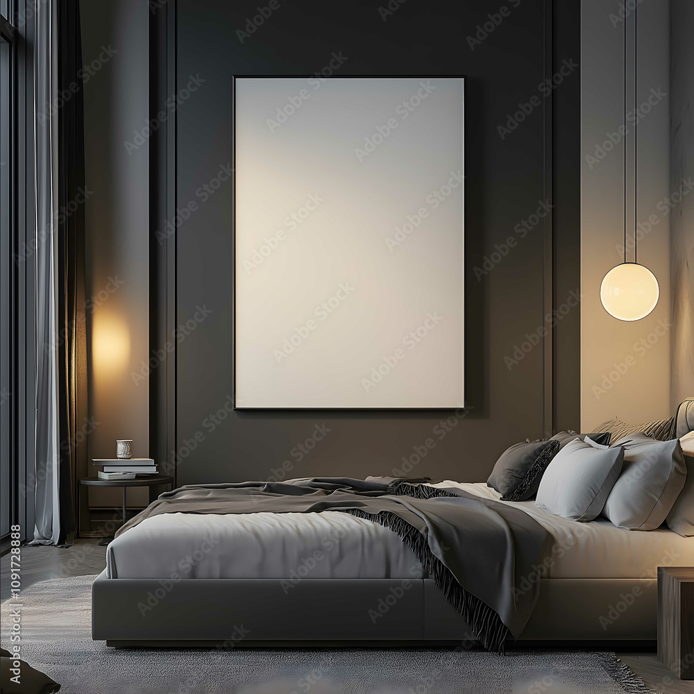 a 16x9 image of a blank canvas on the wall of a bedroom in miami luxury ...