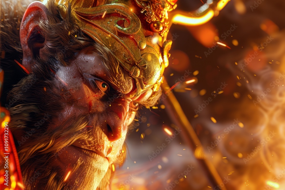 Sun Wukong, the legendary Monkey King, holding a staff, surrounded by ...