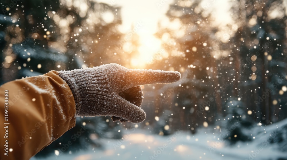 A gloved hand extends through gently falling snow, pointing towards a ...