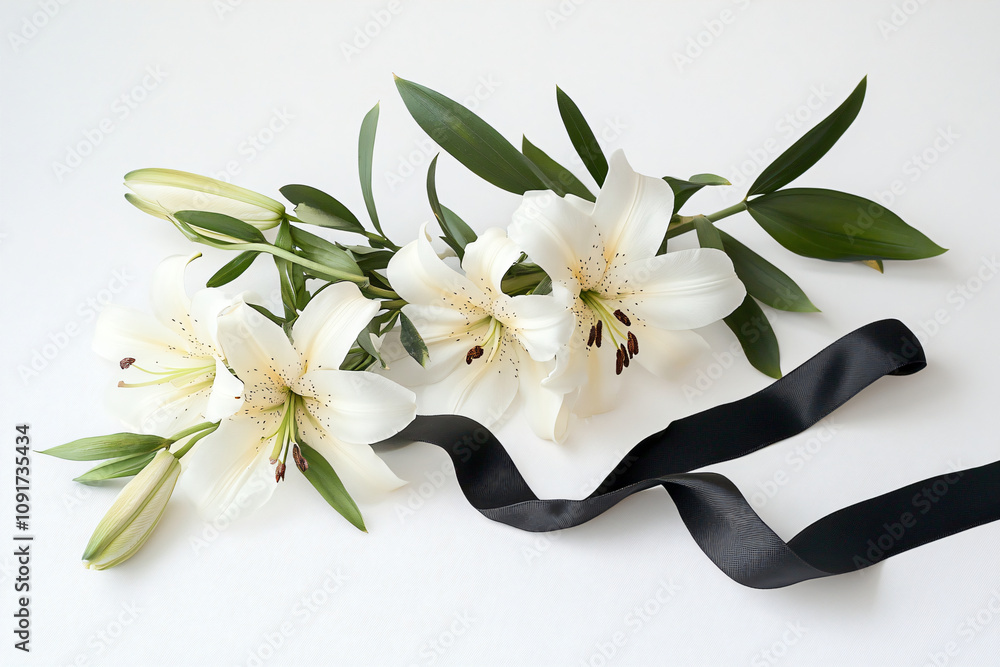 Bouquet of white lilies with black ribbon on white background. Template ...