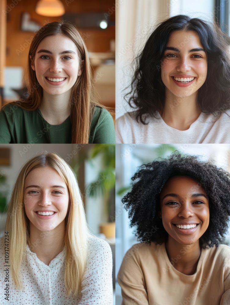 Four happy multicultural diverse friends young women talking in online ...