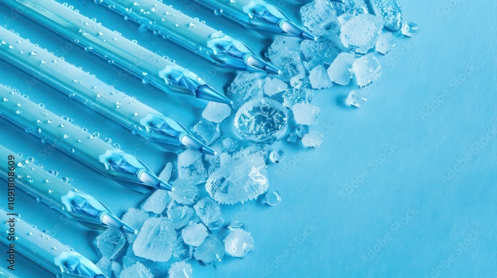 A series of ice blue pencils laid out to depict a polar express train ...