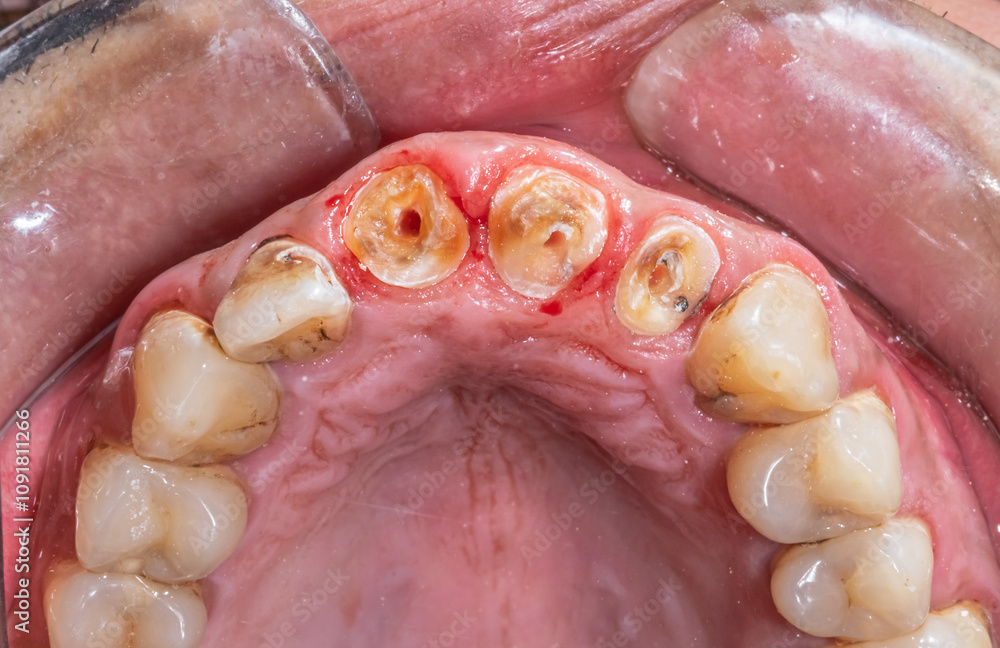 Dentistry patient oral disease in three incisors with dental decay ...