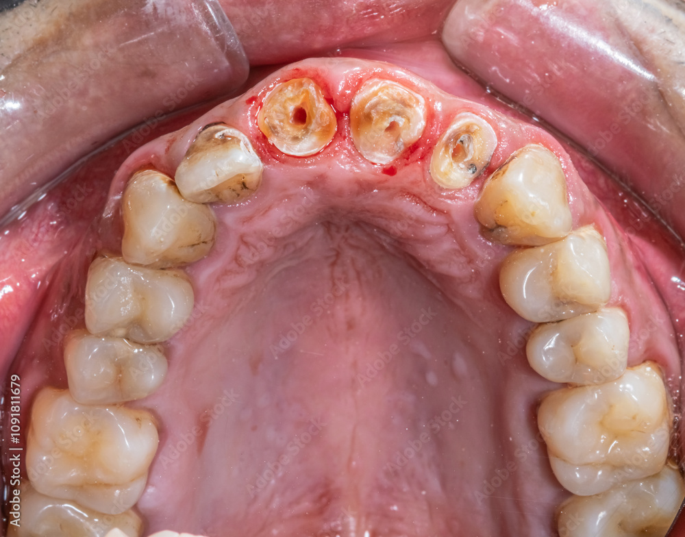 Dentistry patient oral disease in three incisors with dental decay ...