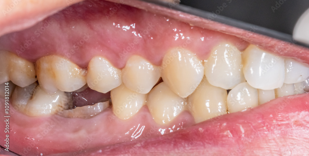 Lateral view of dental arches in occlusion with a lower molar decayed ...