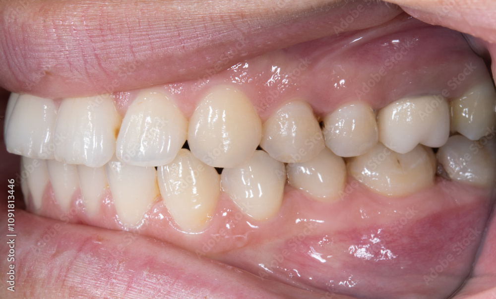 Lateral oblique view of dental arches open lips biting teeth occlusion ...