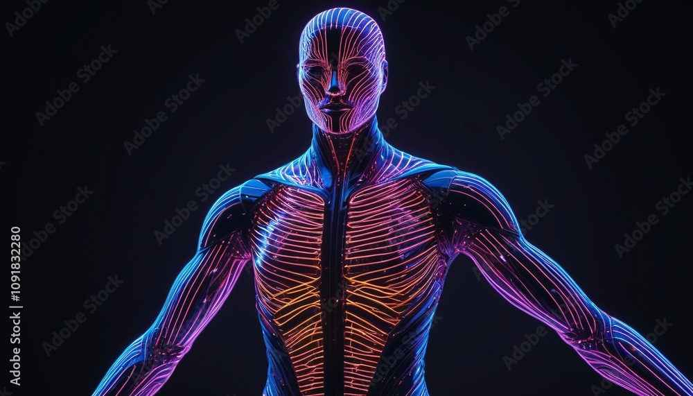 A suit made from strips of glowing LED lights, pulsating and changing ...