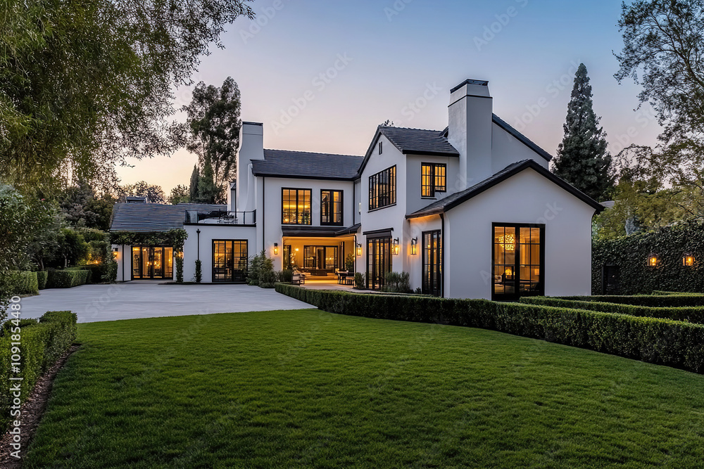 An elegant, white modern farmhouse in Beverly Hills, with large windows ...
