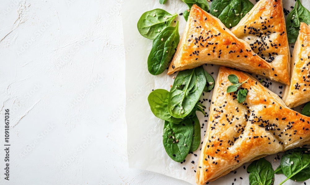 Flaky puff pastry triangles sprinkled with black sesame seeds and ...