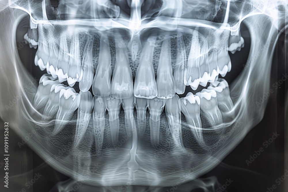 A dental X-ray shows a comprehensive view of teeth, gums, and jaw ...