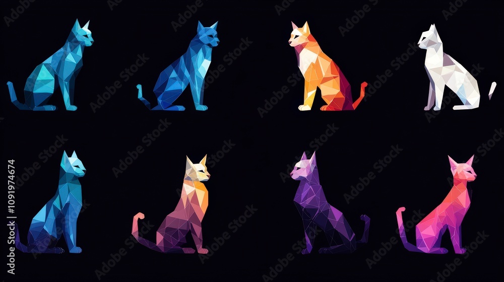 Colorful Low Poly Cats in Various Poses Against a Black Background ...