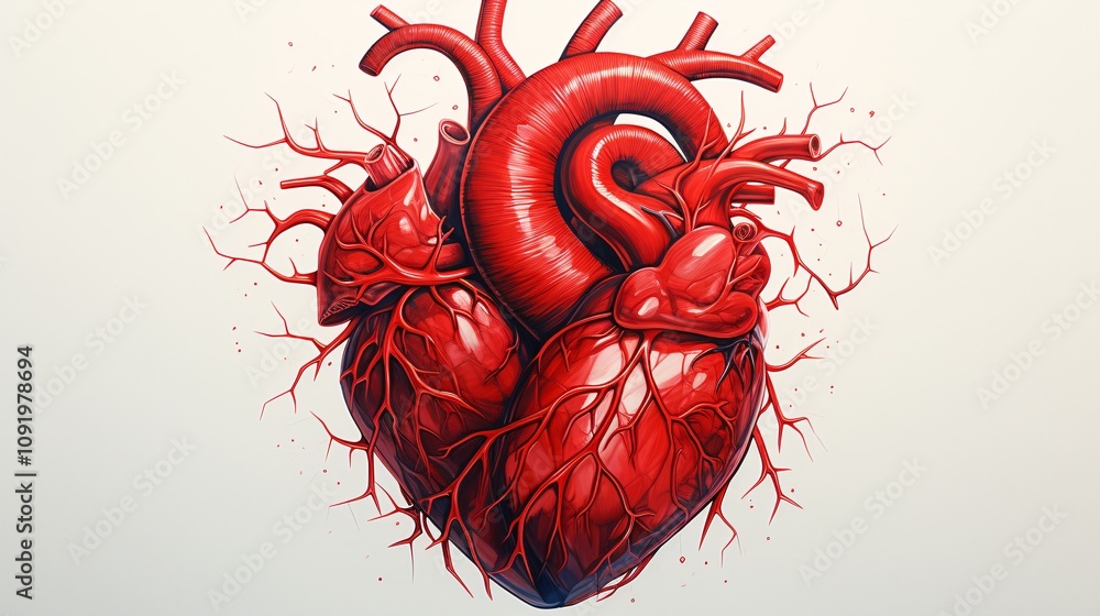 Red anatomical heart illustration with a focus on the coronary arteries ...