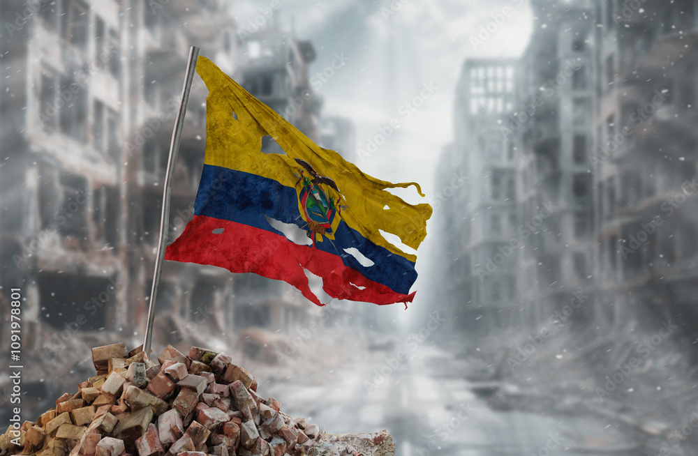 Dirty and torn Ecuador flag, symbol of resistance and victory. A scene ...