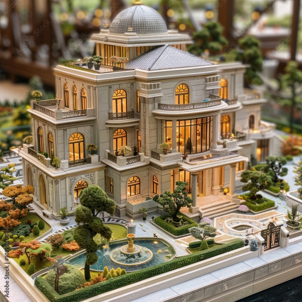 Illuminated architectural model of a grand mansion with landscaped gardens and fountain. Stock ...