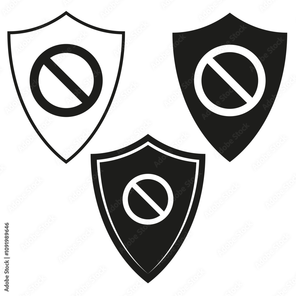 Shield with prohibition. No entry icon. Black restriction symbol ...