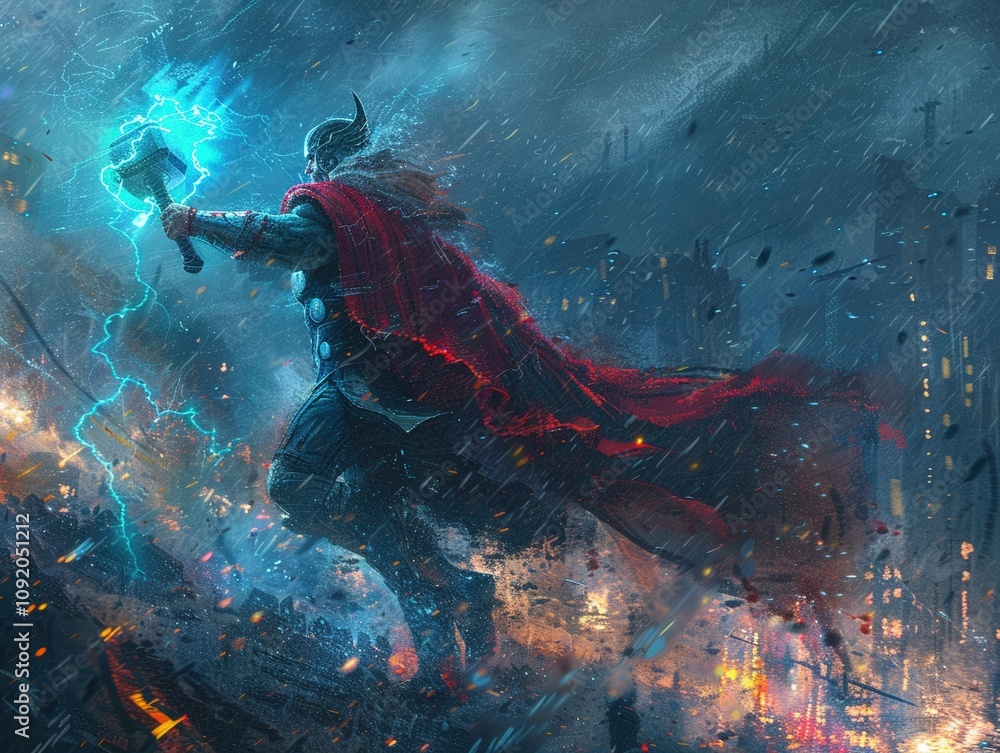 The Norse god Thor reimagined as a superhero with a thunderous cape ...