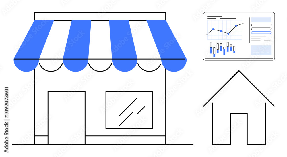 Storefront with blue awning, house outline, and analytics dashboard ...