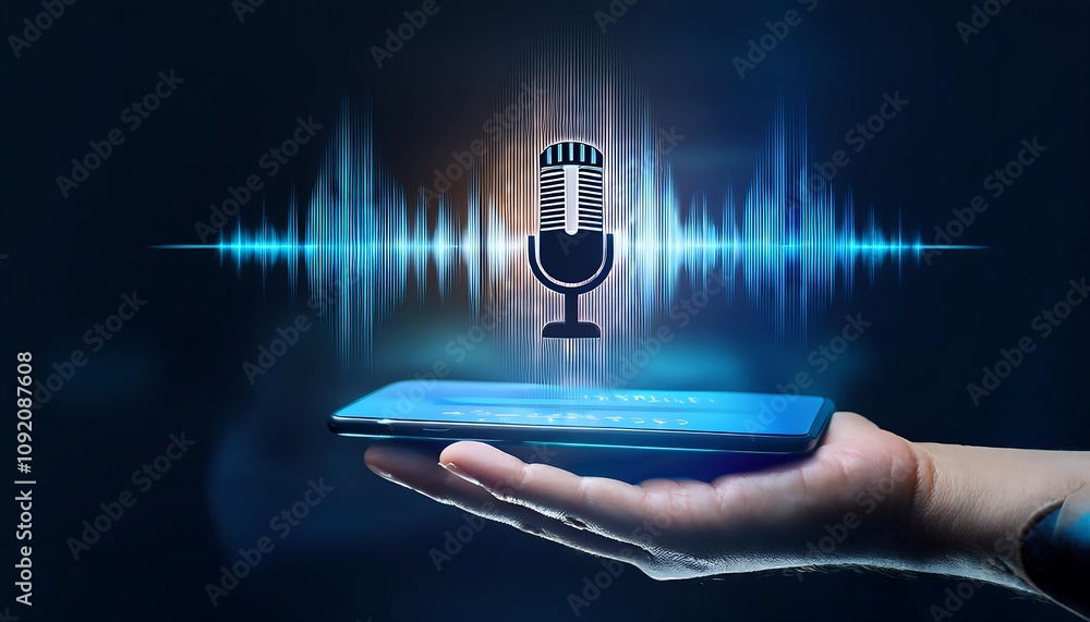 smartphone with a virtual overlay showing voice recognition technology ...