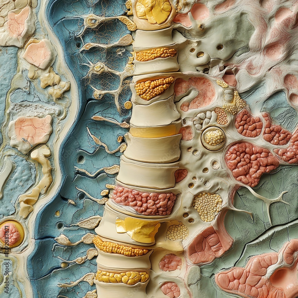 Highly detailed cross-section of lumbar spine and sacral region ...