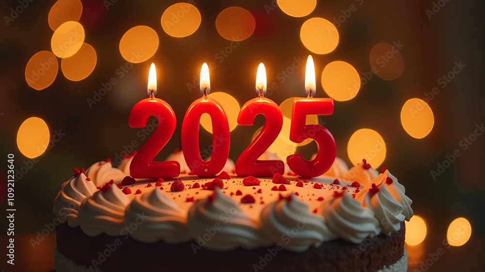 Burning red candles of numbers 2025 on a cake and bokeh lights. Happy ...