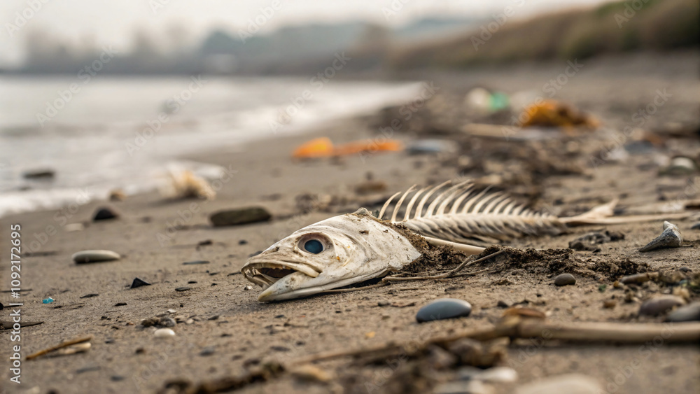 fish skeleton lies on polluted beach, surrounded by debris and waste ...
