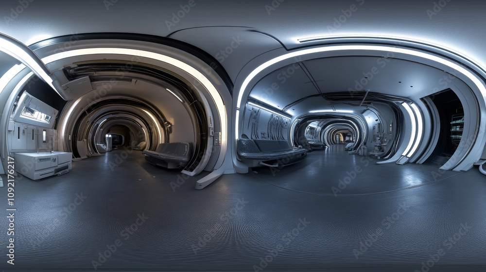 Ilustración de Stock 360 degree panorama view.A futuristic hallway ...